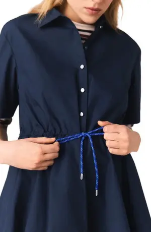 Maje Cotton Shirt Dress With Braided Drawstring - Navy