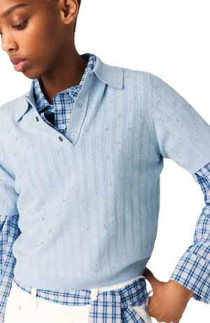 Maje Cropped Knit Polo Shirt With Rhinestones - Blue Sky