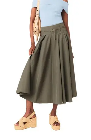 Maje Cotton Pleated Maxi Skirt - Khaki