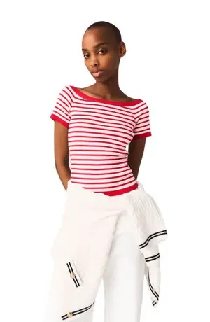 Maje Striped Knit Top With Boat Neck - Red