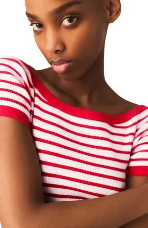 Maje Striped Knit Top With Boat Neck - Red