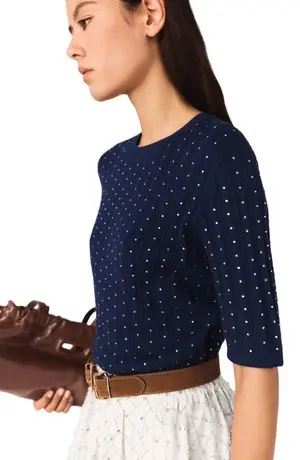Maje Rhinestone Embellished Short-sleeve Sweater - Navy
