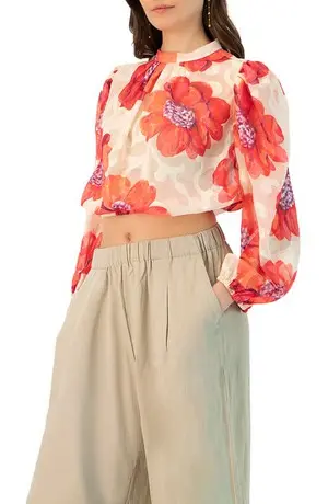 IVONNE Printed Blouse With Pleated Round Neck