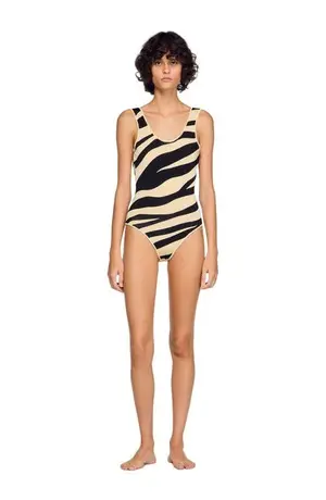 Sandro Zebra Print Knit Bodysuit - Ecru/black