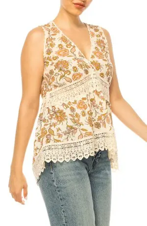 A COLLECTIVE STORY Floral Print Crochet High-low Top
