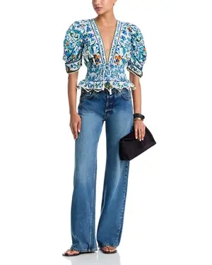 Farm Rio Plunging Neck Blouse - Flora Tile