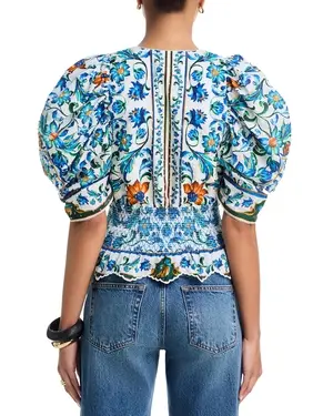 Farm Rio Plunging Neck Blouse - Flora Tile