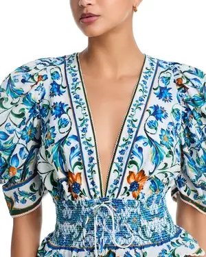 Farm Rio Plunging Neck Blouse - Flora Tile