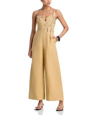 Farm Rio Floral Applique Wide Leg Jumpsuit - Sand