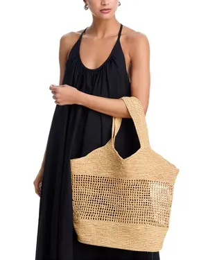 Aqua Woven Raffia Tote Bag - Natural