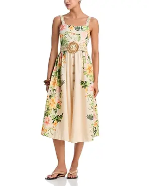 Moon River Belted Floral Midi Dress