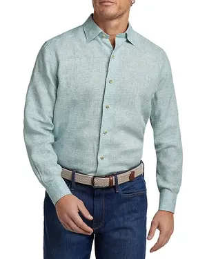 David Donahue Linen Check Shirt - White/ Green