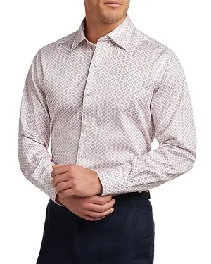 David Donahue Neat Print Shirt - White/ Coral