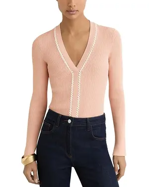 REISS Lauri Craft Stitch Trim Top - Pink/ivory