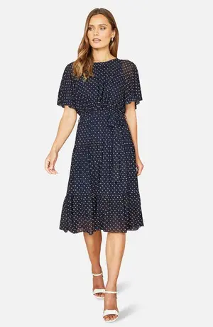 YUMI Dot Print Mesh Midi Dress - Navy