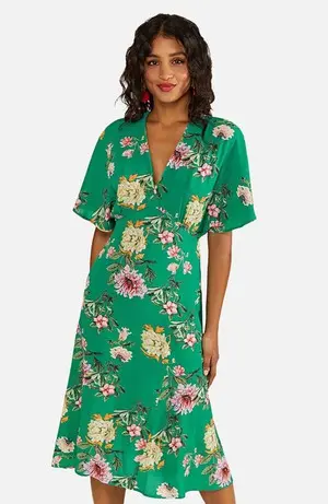 YUMI Floral Kimono-inspired Midi Dress - Green