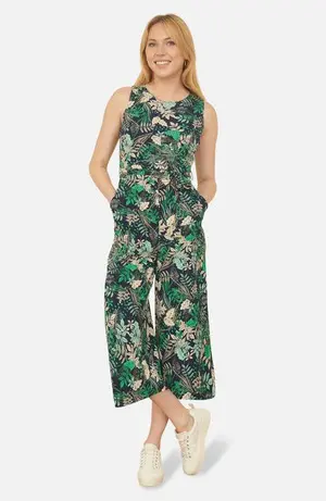YUMI Sleeveless Leaf Print Culotte Jumpsuit - Navy