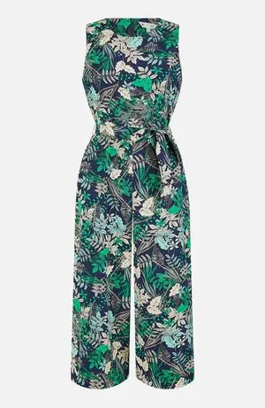 YUMI Sleeveless Leaf Print Culotte Jumpsuit - Navy