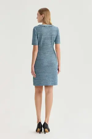 Ming Wang Tweed Knit Fringe Accent Sheath Dress