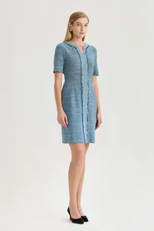 Ming Wang Tweed Knit Fringe Accent Sheath Dress