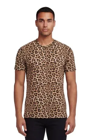 LORDS OF HARLECH Leopard Print Merino Wool V-neck Tee - Leopard Brown