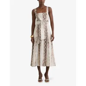 REISS Amy Snake-print Linen-blend Midi Dress