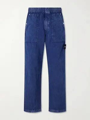 Stone Island Straight-leg Logo-appliquéd Crinkled Trousers - Blue