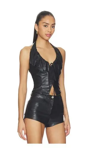 Superdown Faux Leather Halter Top With Fringe Detail - Black