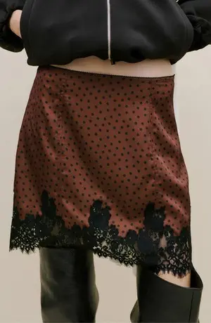 Mango Polka Dot Satin Skirt With Lace Trim Brown