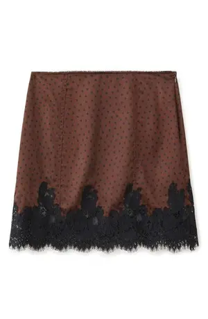 Mango Polka Dot Satin Skirt With Lace Trim - Brown