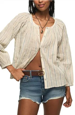 Lucky Brand Floral Button-up Top - Light Seashell