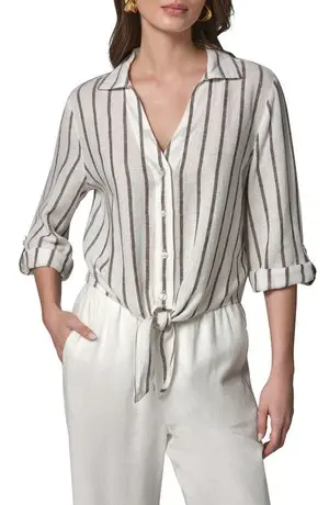 Donna Karan New York Yarn Dye Stripe Crop Linen Blend Button-up Shirt - Cream/cany
