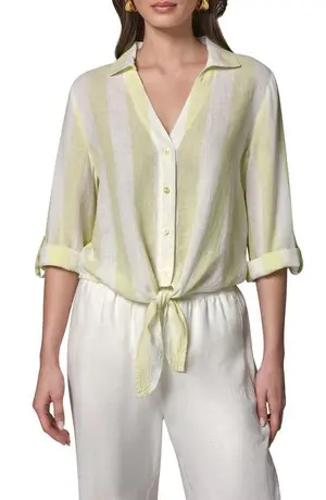 Donna Karan New York Yarn Dye Stripe Crop Linen Blend Button-up Shirt - Limoncel/c