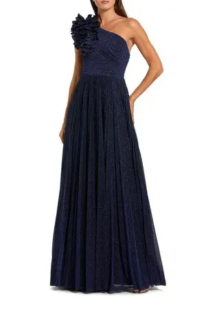 Mac Duggal Petite Pleated Metallic One Shoulder Gown With Ruffle Accent - Midnight