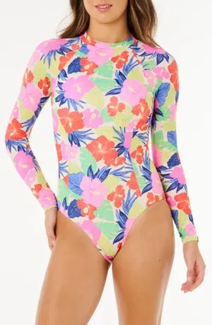 Rip Curl Party Wave Upf 50+ One-piece Rashguard Swimsuit - Pink Multi