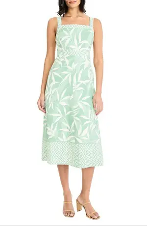 Maggy London Leaf Print Square Neck Midi Dress - Ivory/sage