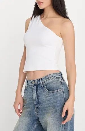 Good American Stretch Cotton One Shoulder Crop Tank - White001