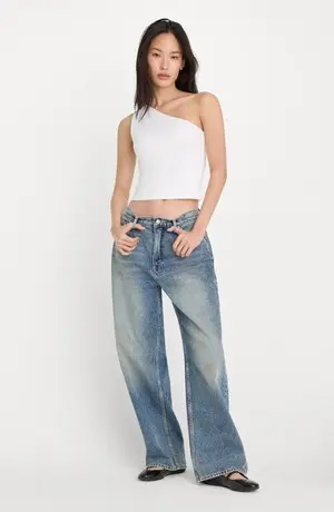 Good American Stretch Cotton One Shoulder Crop Tank - White001