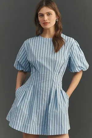 EXQUISE Puff-sleeve Striped Mini Dress - Blue Stripe
