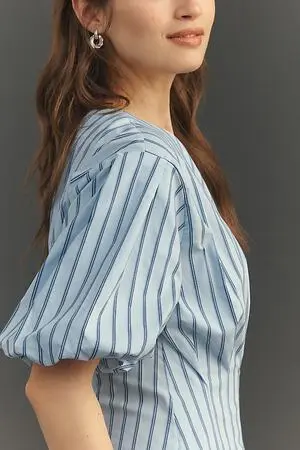 EXQUISE Puff-sleeve Striped Mini Dress - Blue Stripe