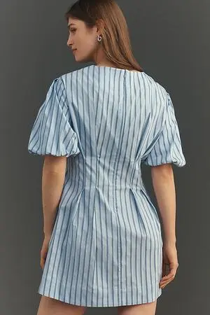 EXQUISE Puff-sleeve Striped Mini Dress - Blue Stripe