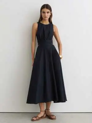 REISS Hazel Linen-cotton Cut-out Midi Dress - Navy