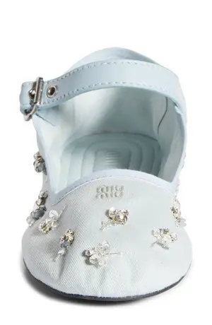 Miu Miu Crystal Embellished Canvas Mary Jane Ballet Flat - Blue