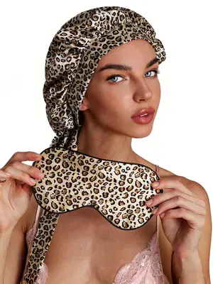 SILKSILKY 100% Mulberry Silk Bonnet And Eye Mask Set - Leopard