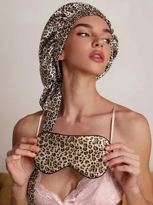 SILKSILKY 100% Mulberry Silk Bonnet And Eye Mask Set - Leopard