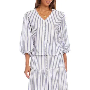Karen Kane Stripe Linen Blend Shirt - Blue/white