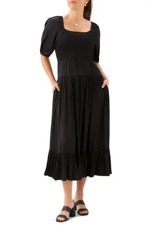 Karen Kane Smocked Balloon Sleeve Maxi Dress - Black