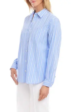 Karen Kane Striped Cotton-blend Button-up Shirt - Blue