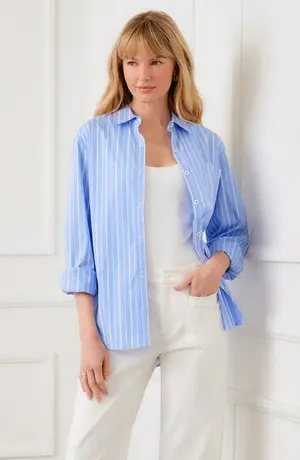Karen Kane Striped Cotton-blend Button-up Shirt - Blue