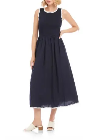 Karen Kane Edge Stitch Mixed Media Midi Dress - Navy